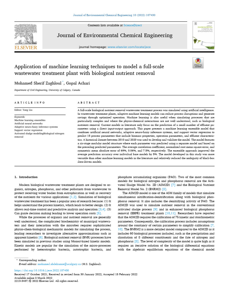 (2022) Machine Learning Techniques To Model A Full-Scale Wastewater Treatment Plant With ...