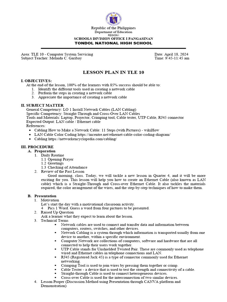 COT4 - Lesson Plan in TLE 10 Network Cabling | PDF | Computer Network ...