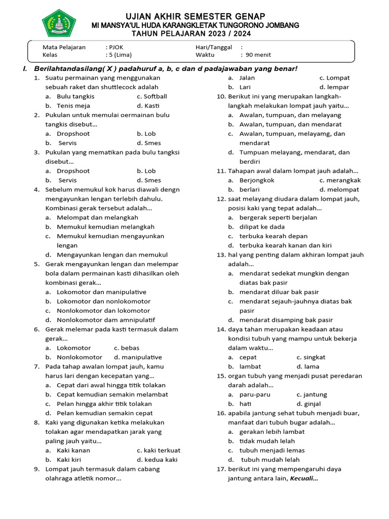 Soal PAT PJOK Kelas 5 Semester Genap | PDF | Sejarah