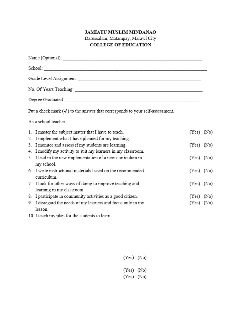 Teacher Self-Assessment Checklist | PDF | Language Arts & Discipline