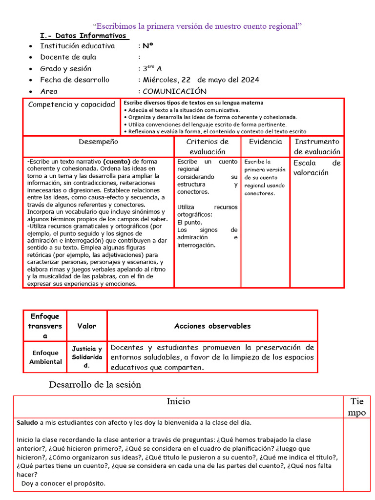 Primera versión de un cuento regional | PDF | Evaluación | Comunicación ...