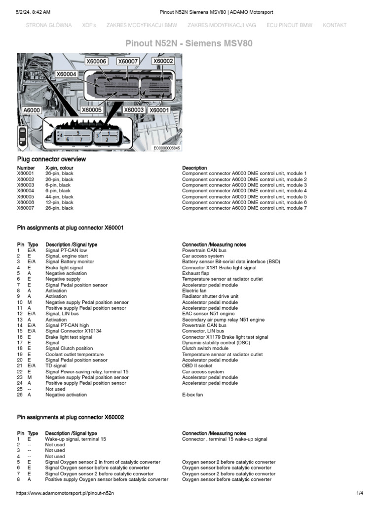 Pinout N52N Siemens MSV80 - ADAMO Motorsport | PDF | Throttle | Electrical Connector