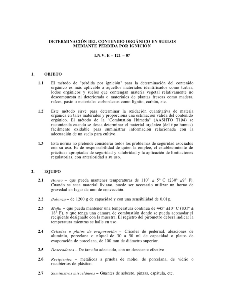 Norma INV E-121-07 DETERMINACIÓN DEL CONTENIDO ORGÁNICO EN SUELOS | PDF | Aluminio | El hombre ...
