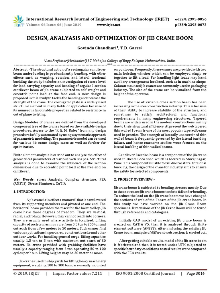 Irjet Design Analyasis and Optimization | PDF | Finite Element Method | Crane (Machine)