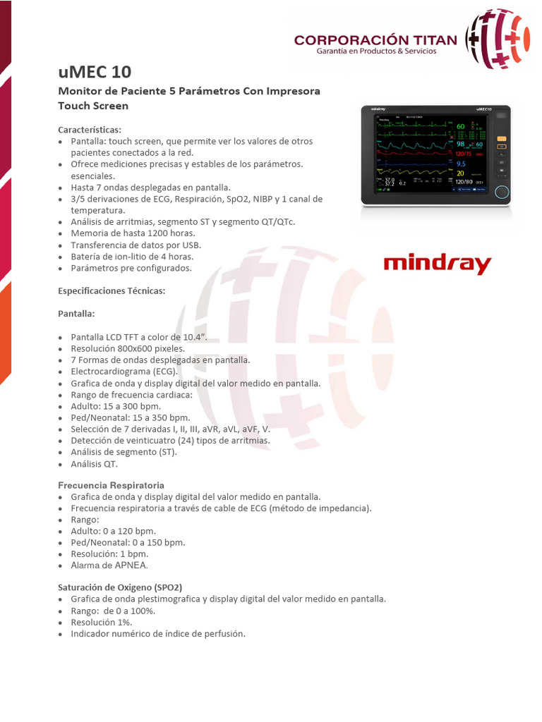 FT-MONITOR PACIENTE 5 PARAMETROS CON IMPRESORA UMEC 10 TITAN | PDF ...