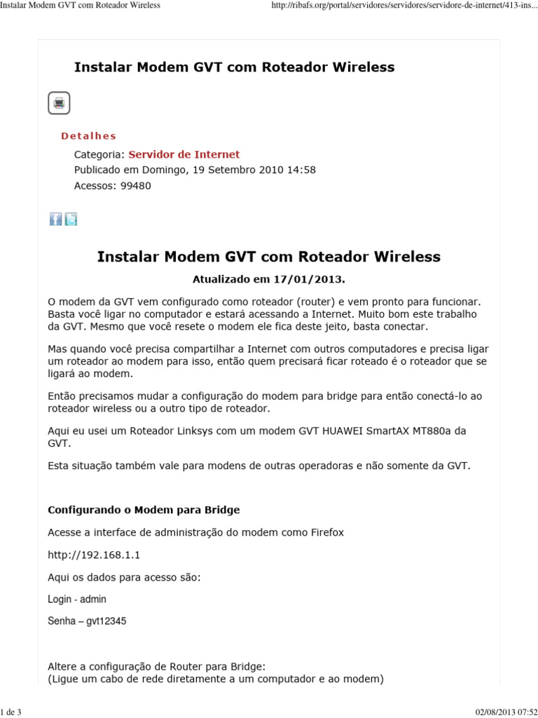 Instalar Modem GVT Com Roteador Wireless | PDF | Roteador (informática ...
