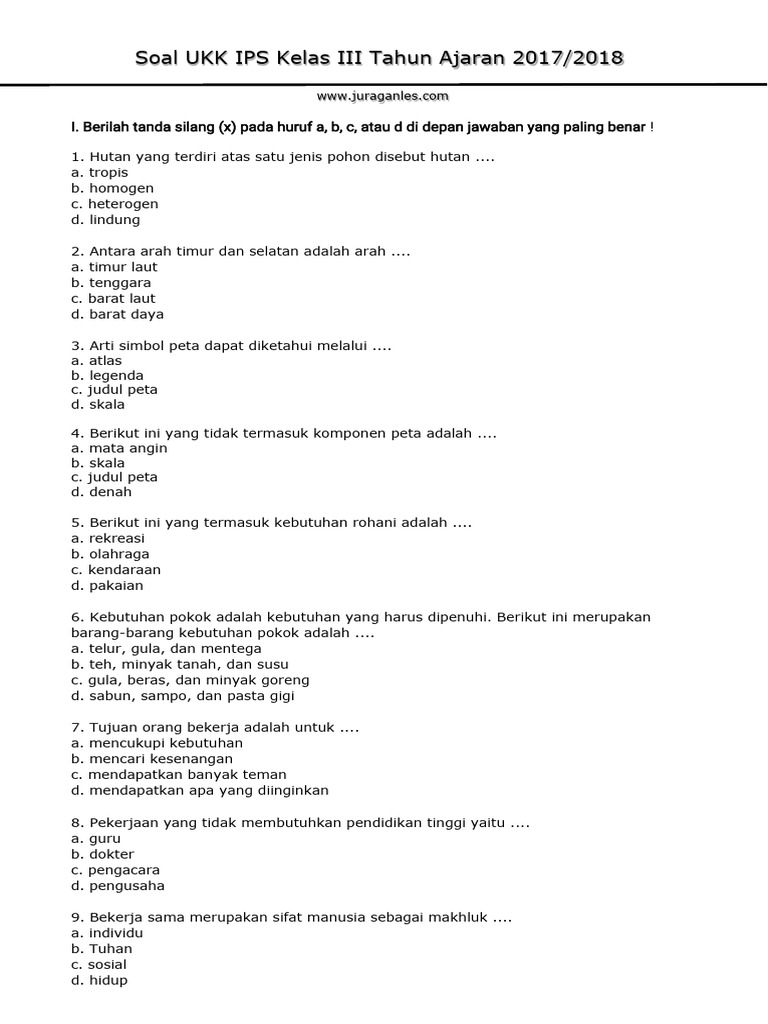 Soal UKK IPS Kelas III 2017/2018 | PDF