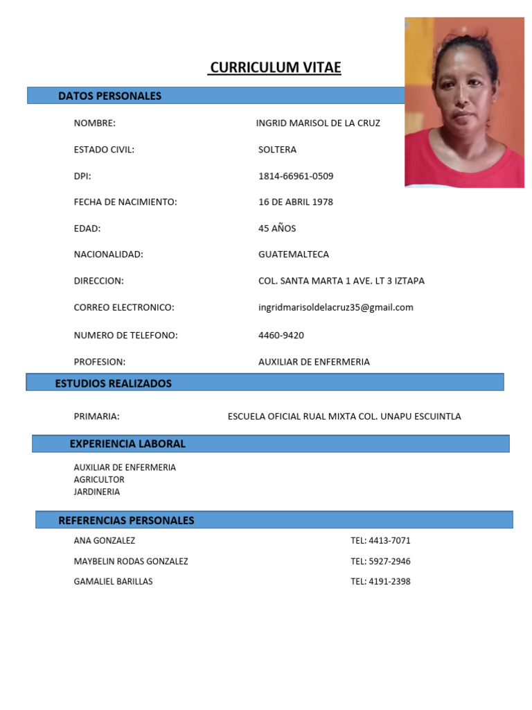 Curriculum de Ingrid Marisol de La Cruz | PDF