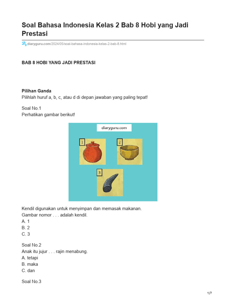 Soal Bahasa Indonesia Kelas 2 Bab 8 Hobi Yang Jadi Prestasi | PDF