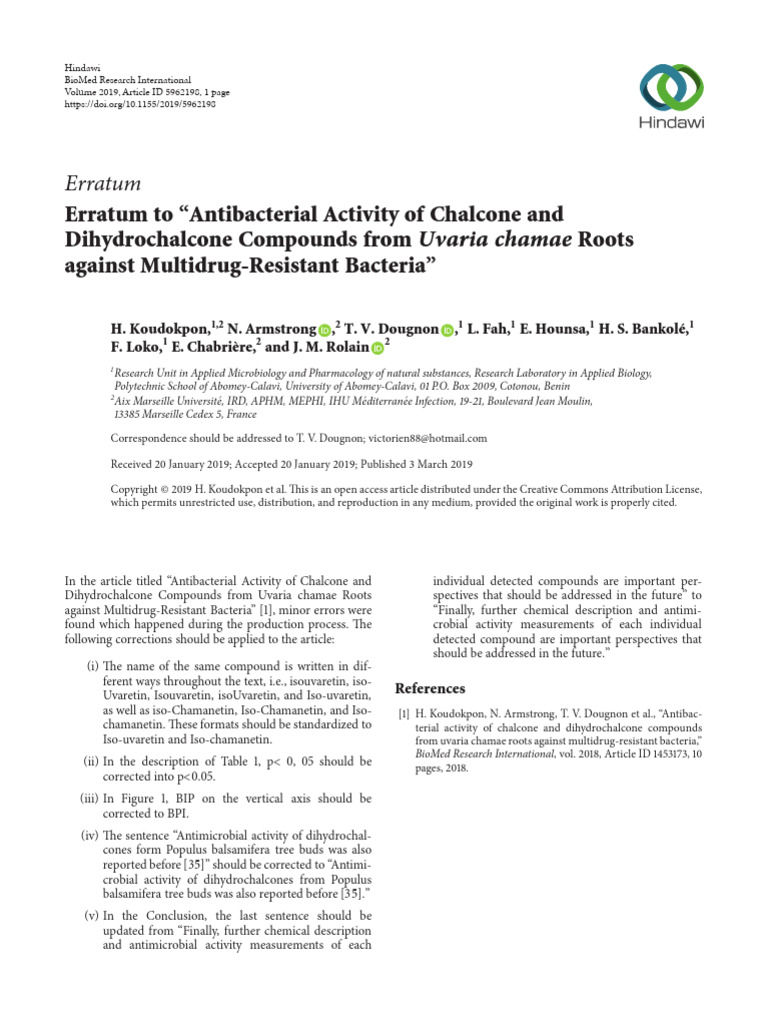 Erratum To Antibacterial Activity of Chalcone and Dihydrochalcone Compounds From Uvaria Chamae ...