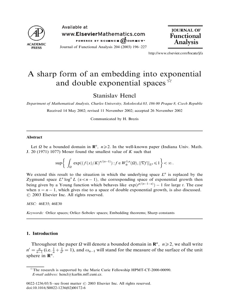 Stanslav Hencl JFA 2003 Trudinger-Moser p Orlicz | PDF | Exponential Function | Norm (Mathematics)