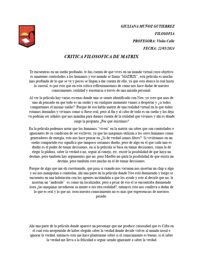 Crítica filosófica de Matrix: realidad y elección | PDF | Verdad ...