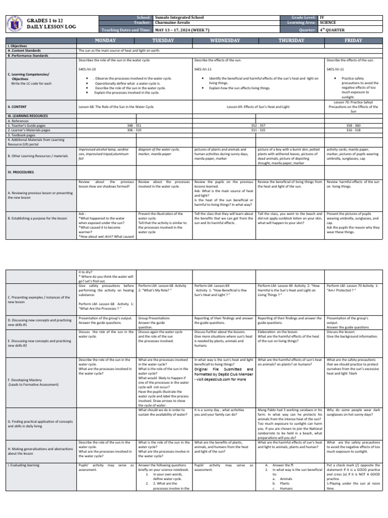 DLL - Science 4 - Q4 - W7 | PDF | Water | Learning