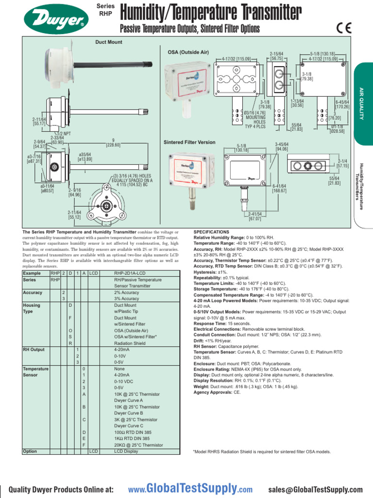 Dwyer RHP Humidity/Temperature Manual | PDF | Humidity | Sensor