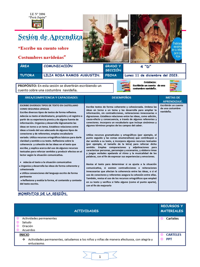 Escribe Un Cuento de Costumbres Navideñas. Sesion. | PDF | Cuentos | Evaluación