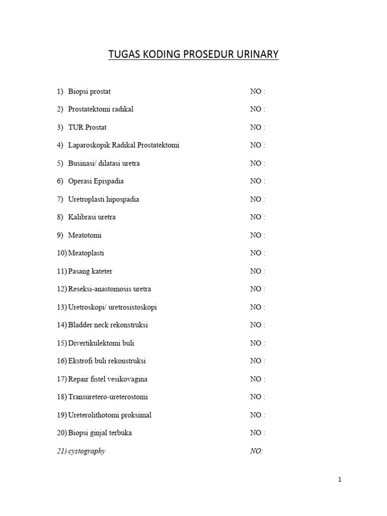 Tugas Koding Prosedur Urinary | PDF | Radiography | Medical Procedures