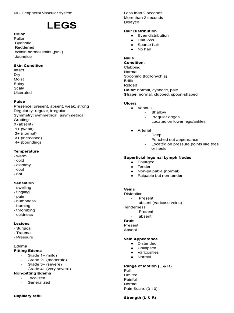 Peripheral Vascular System Assessment Guide | PDF | Edema | Vein