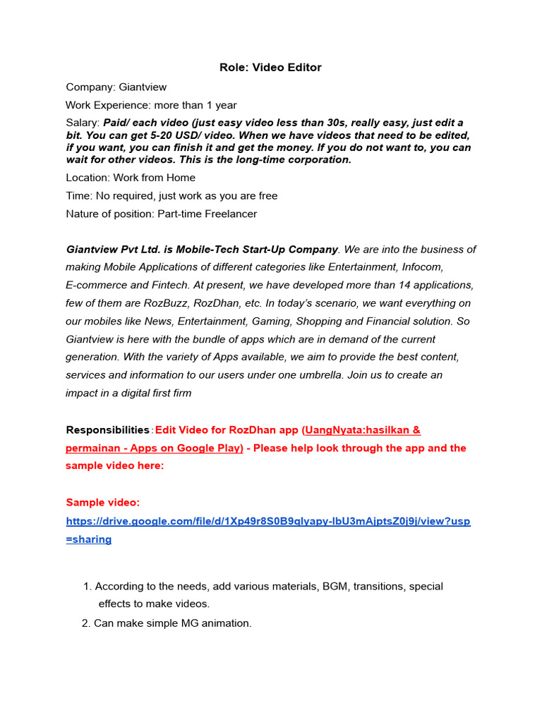 JD + Test - Video Editor (Freelance) | PDF | Adobe Illustrator | Computing