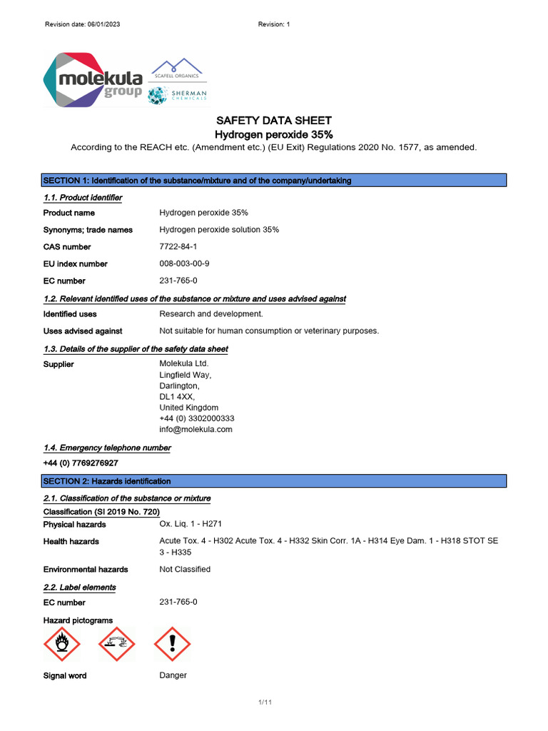 Safety Data Sheet - EN - (90005313) HYDROGEN PEROXIDE 35% (7722-84-1) | PDF | Dangerous Goods ...