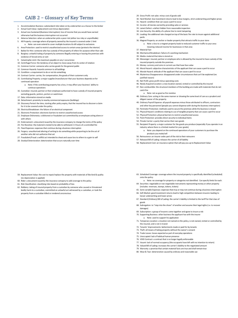 CAIB 2 - Glossary of Key Terms | Download Free PDF | Insurance ...