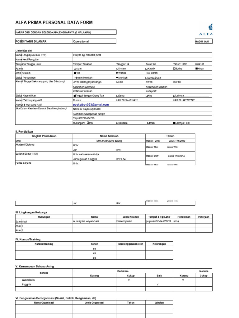 Personal Data Form Alfa Prima | PDF