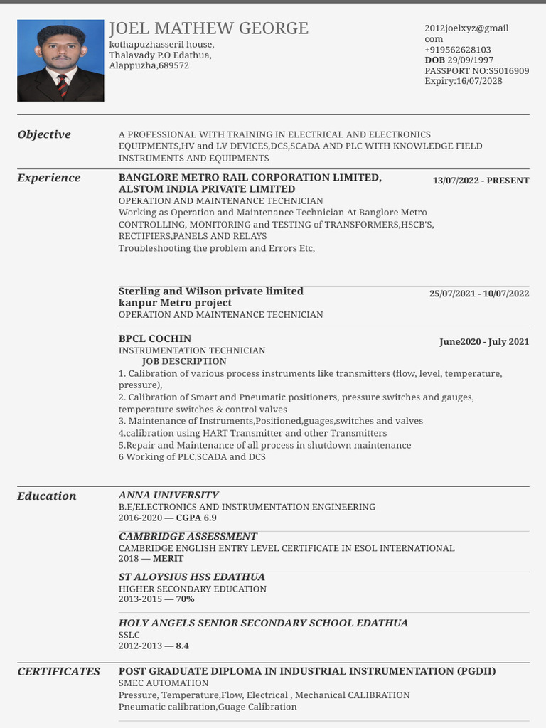 Resume Joel Mathew | PDF | Instrumentation | Calibration