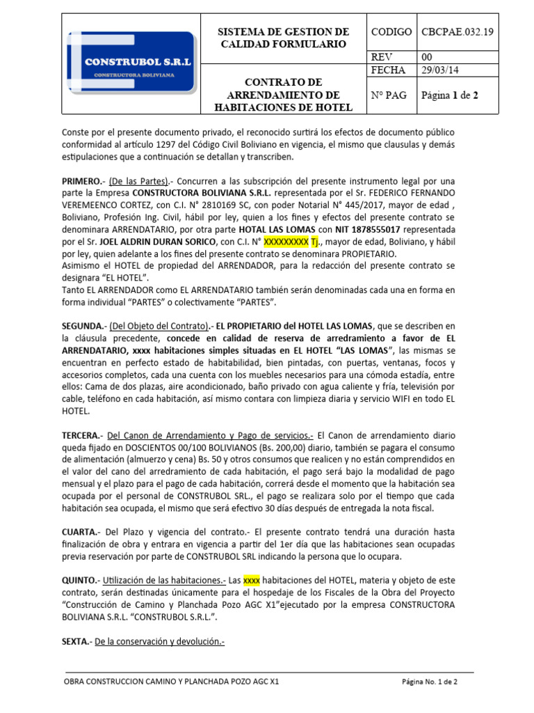Contrato de Alquiler de Hotel Las Lomas Camino Planchada Pozo AGC X1 | PDF | Hotel | Ley común