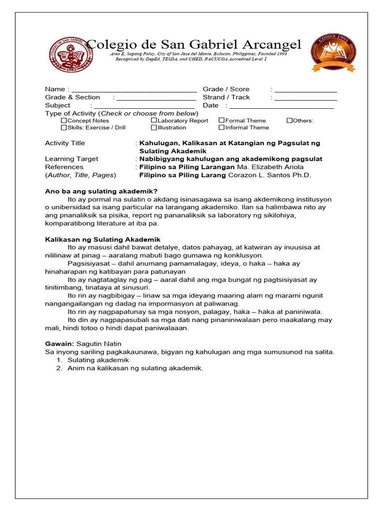 Pagsulat Sa Filipino Sa Piling Larangan (Akademiko) - Melc Aligned | PDF