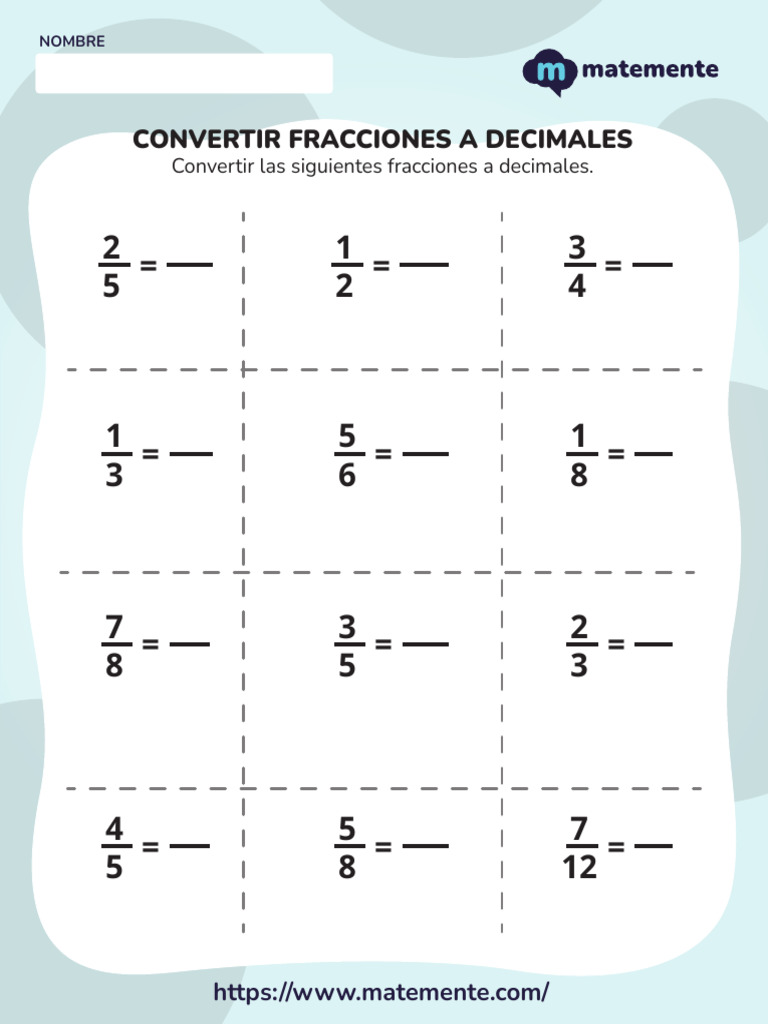 Hojas De Trabajo Para Escribir Decimales Como Fracciones