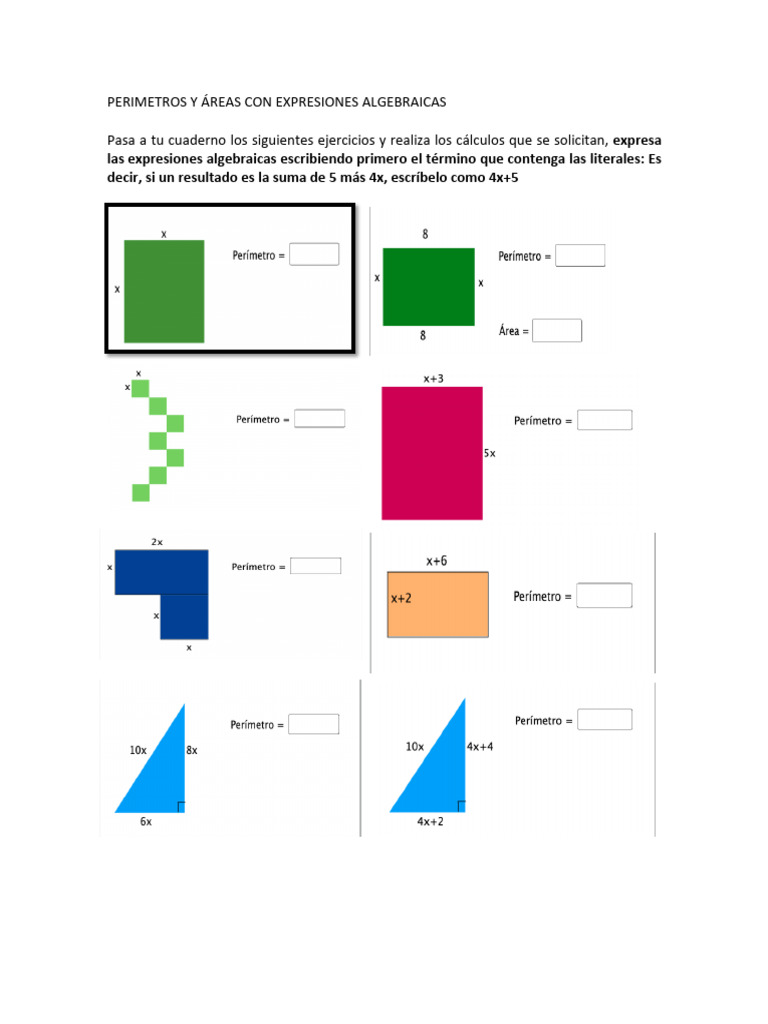 Perímetros y Áreas: Ejercicios Algebraicos | PDF | Métodos y materiales ...