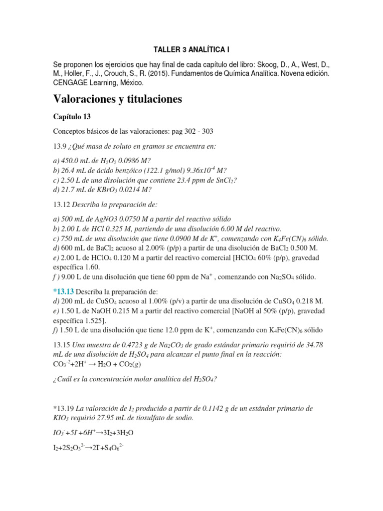 Taller 3 Valoraciones, Titulaciones y Kps | Descargar gratis PDF | Concentración | Solubilidad