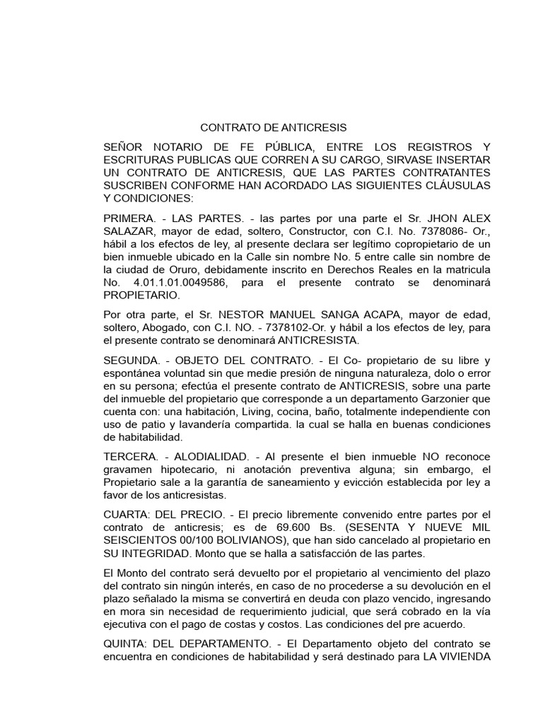 CONTRATO DE ANTICRESIS Y VENTA DE CASA | PDF | Ley común | Consentimiento