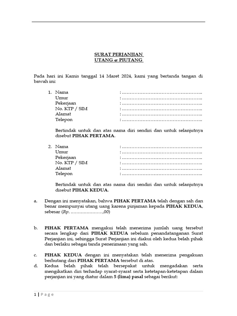 Contoh Surat Perjanjian Utang Piutang FH UII | PDF