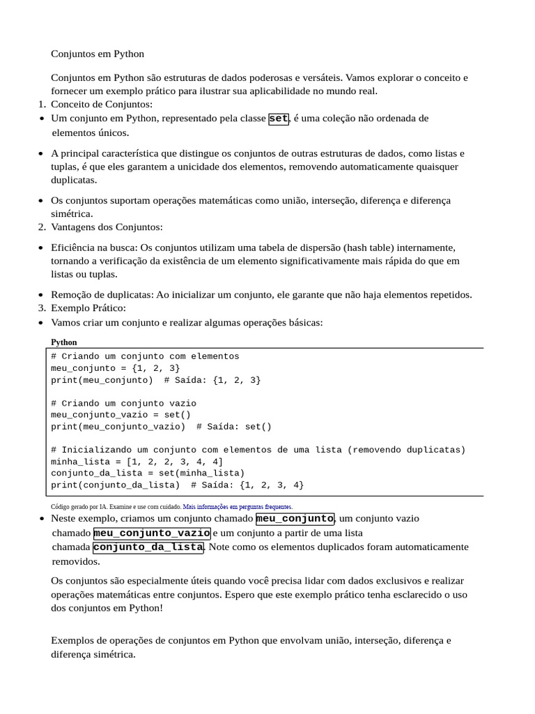 Conceitos de Conjuntos em Python | PDF | Conjunto (Matemática) | Python ...