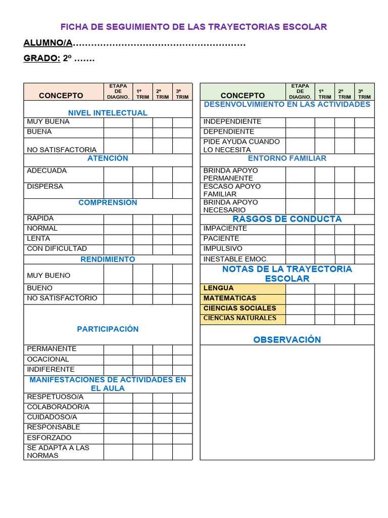 Ficha de Seguimiento Escolar 2º Grado | PDF
