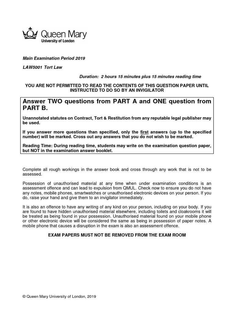 2019 LAW5001 Tort Law Exam Paper | PDF