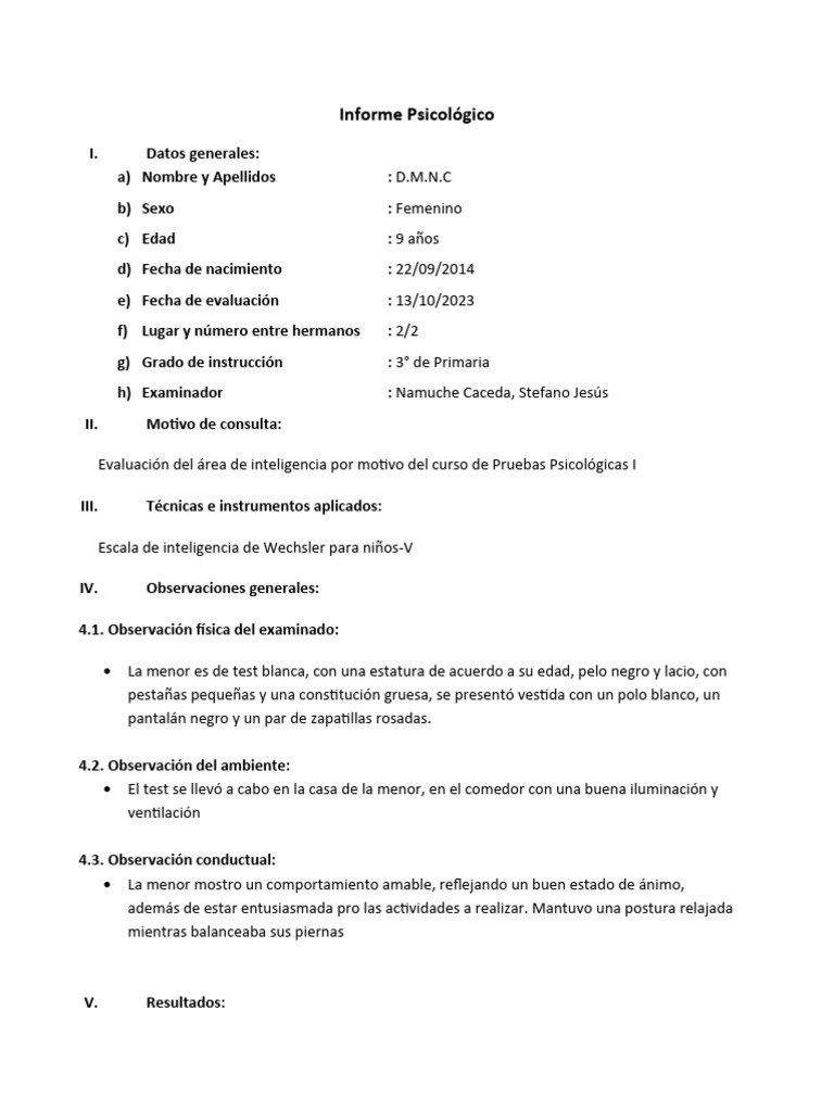 Informe WISC-V | PDF | Memoria | Inteligencia