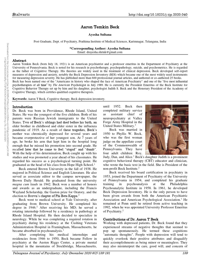 Aaron Temkin Beck.19 | PDF | Cognitive Therapy | Psychotherapy