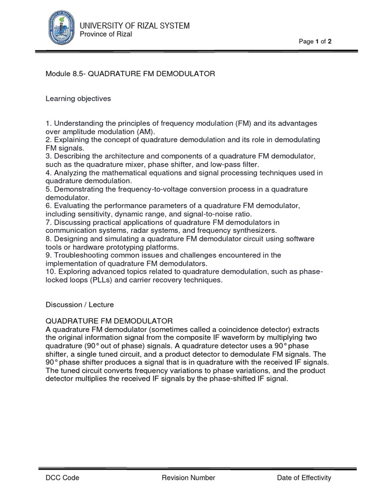 8 5 Quadrature Fm Demodulator Pdf Frequency Modulation Detector Radio