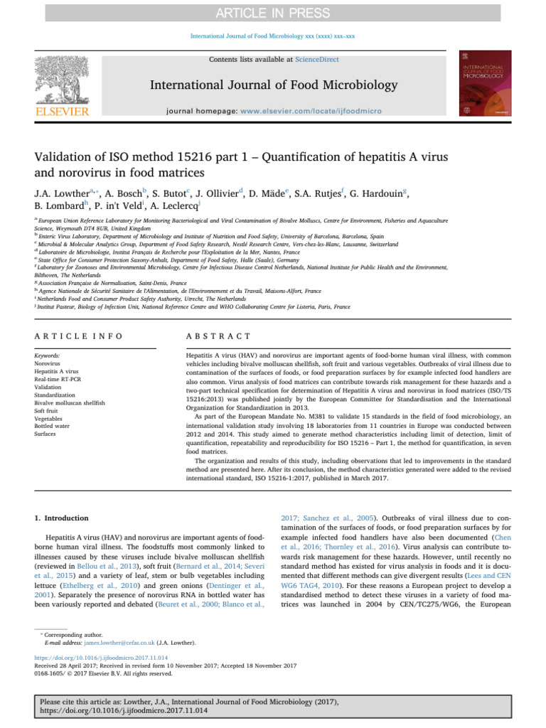 Validation of ISO Method 15216 Part 1 - Quantification of Hepatitis A Virus and Norovirus in ...