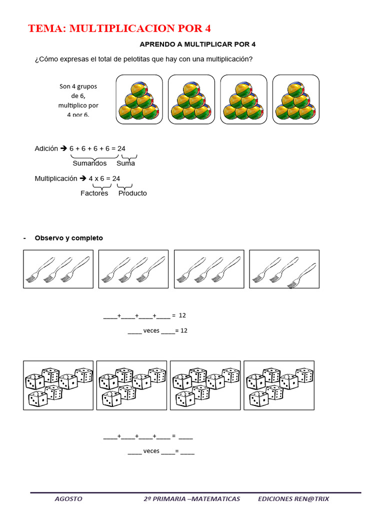 Multiplicación por 4 para Niños | PDF | Multiplicación | Calendario