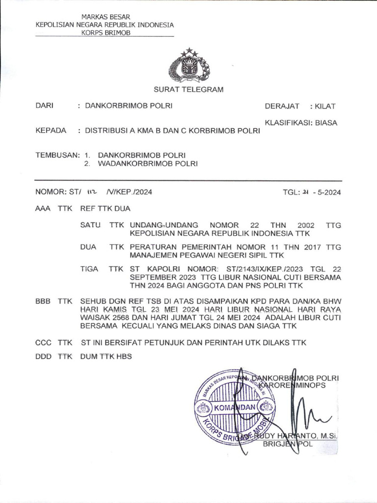 ST 112 V Kep. 2024 Libur Nasional Dan Cuti Bersama Hari Waisak | PDF