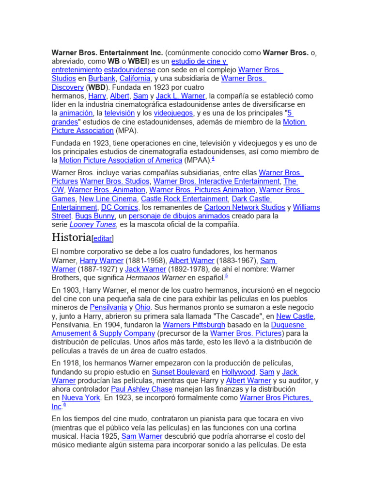 Warner Bros | PDF | Warner Bros. | Entretenimiento