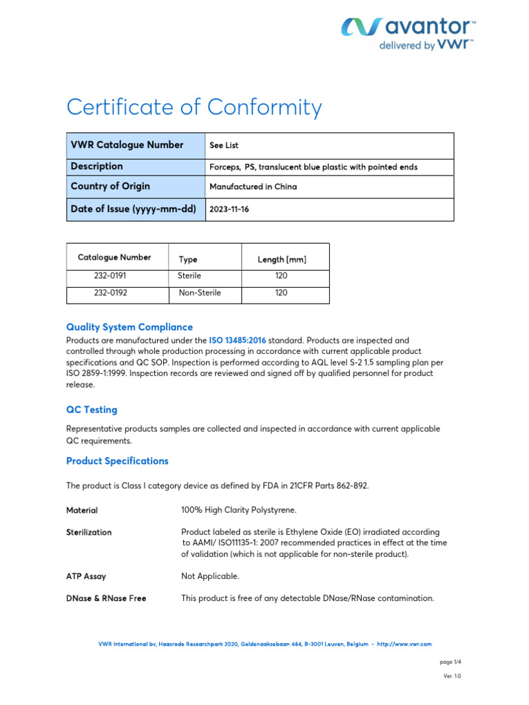 CoC VWR Forceps 0916274 | PDF | Sterilization (Microbiology)