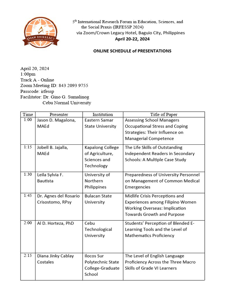 Online - Schedule of Presentations - 5th IRFESSP | PDF | Philippines