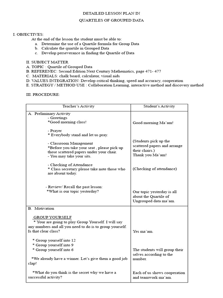 Lesson Plan On Quartiles of Grouped Data | PDF | Quartile | Lesson Plan