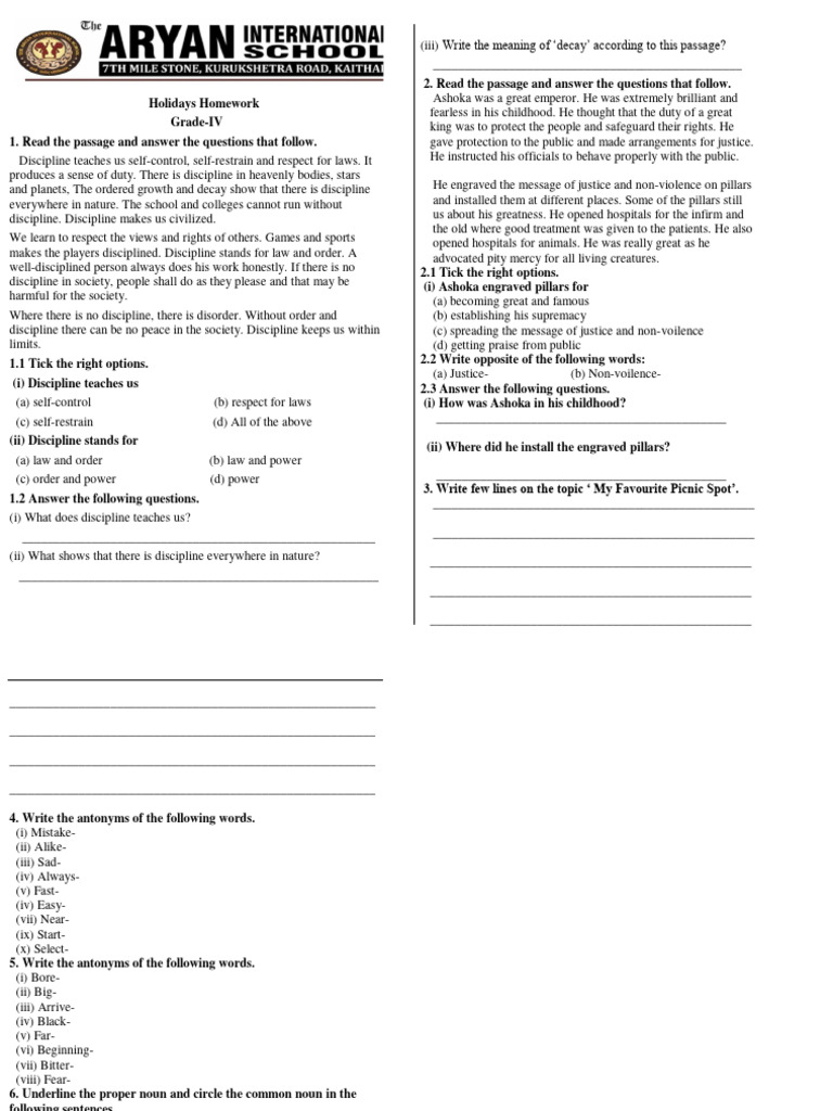 Class 4 Holiday Homework | PDF