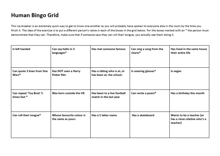 Y12 Icebreaker Human Bingo Grid | PDF