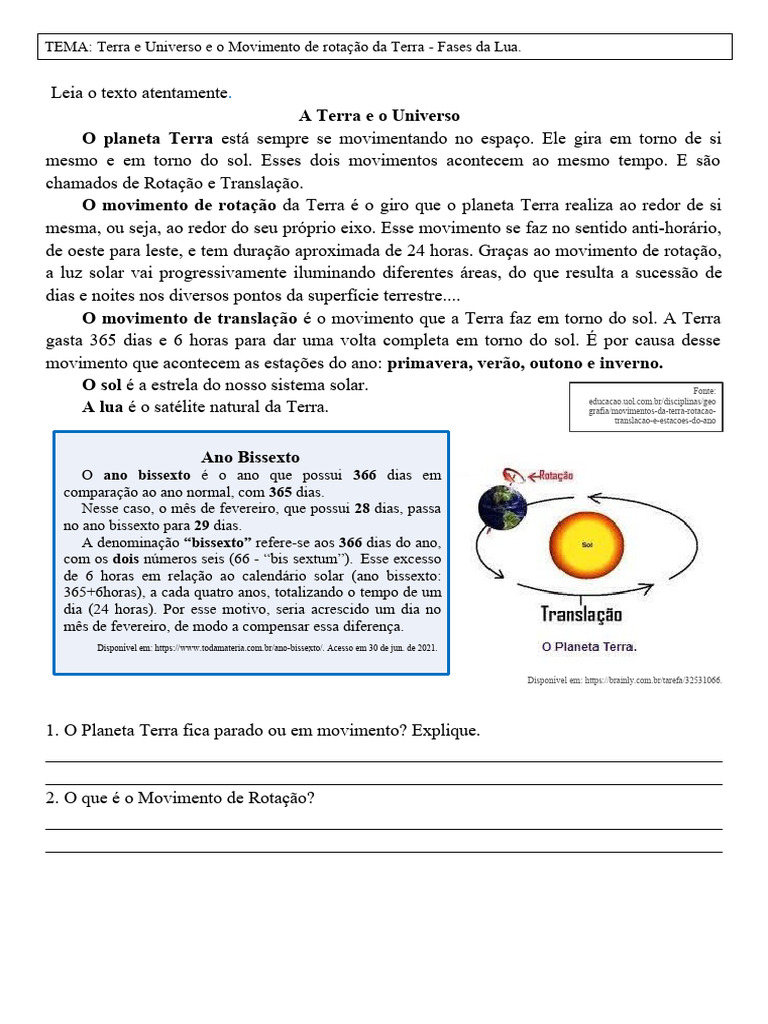 6 ANO - MOVIMENTOS DA TERRA - FASES DA LUA - SISTEMA SOLAR | PDF | Ano | Terra