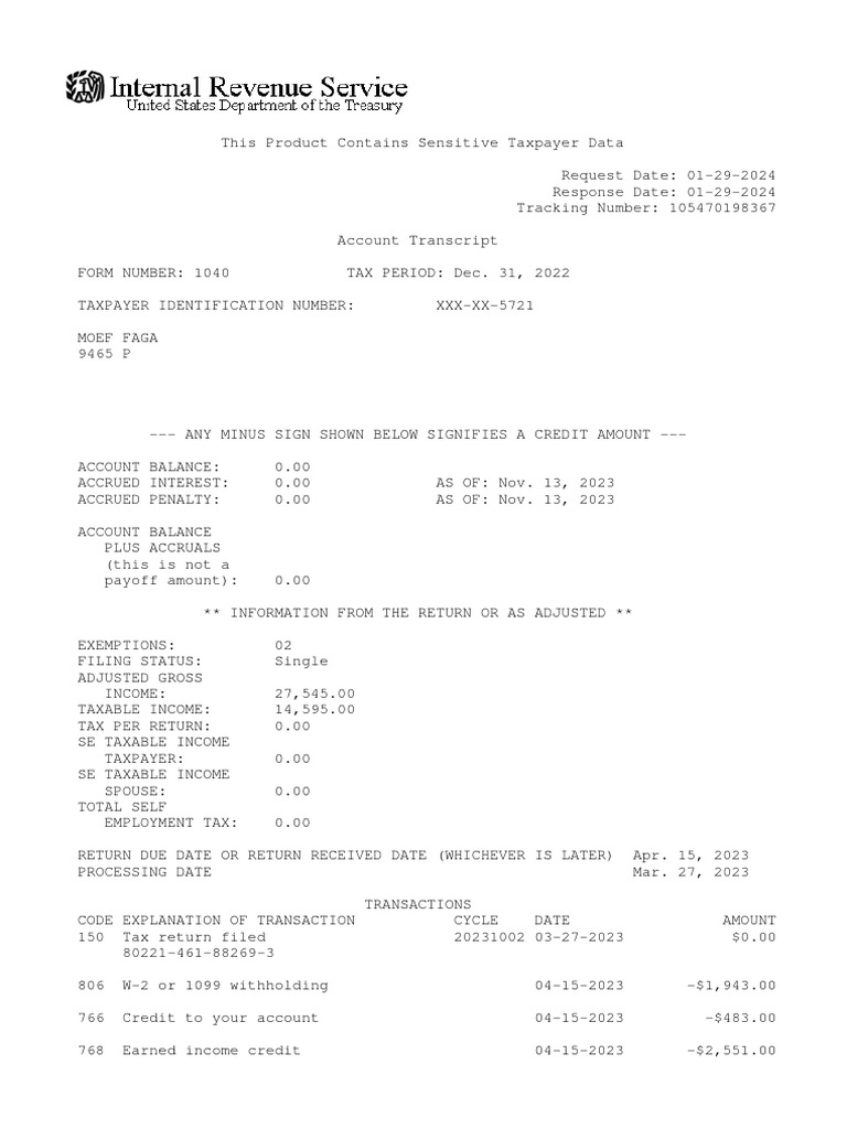 Tax Account Transcript Summary | PDF